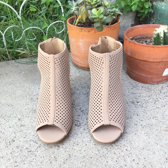 Shoes | Tan Cutout Peep Toe Perforated Booties | Poshmark